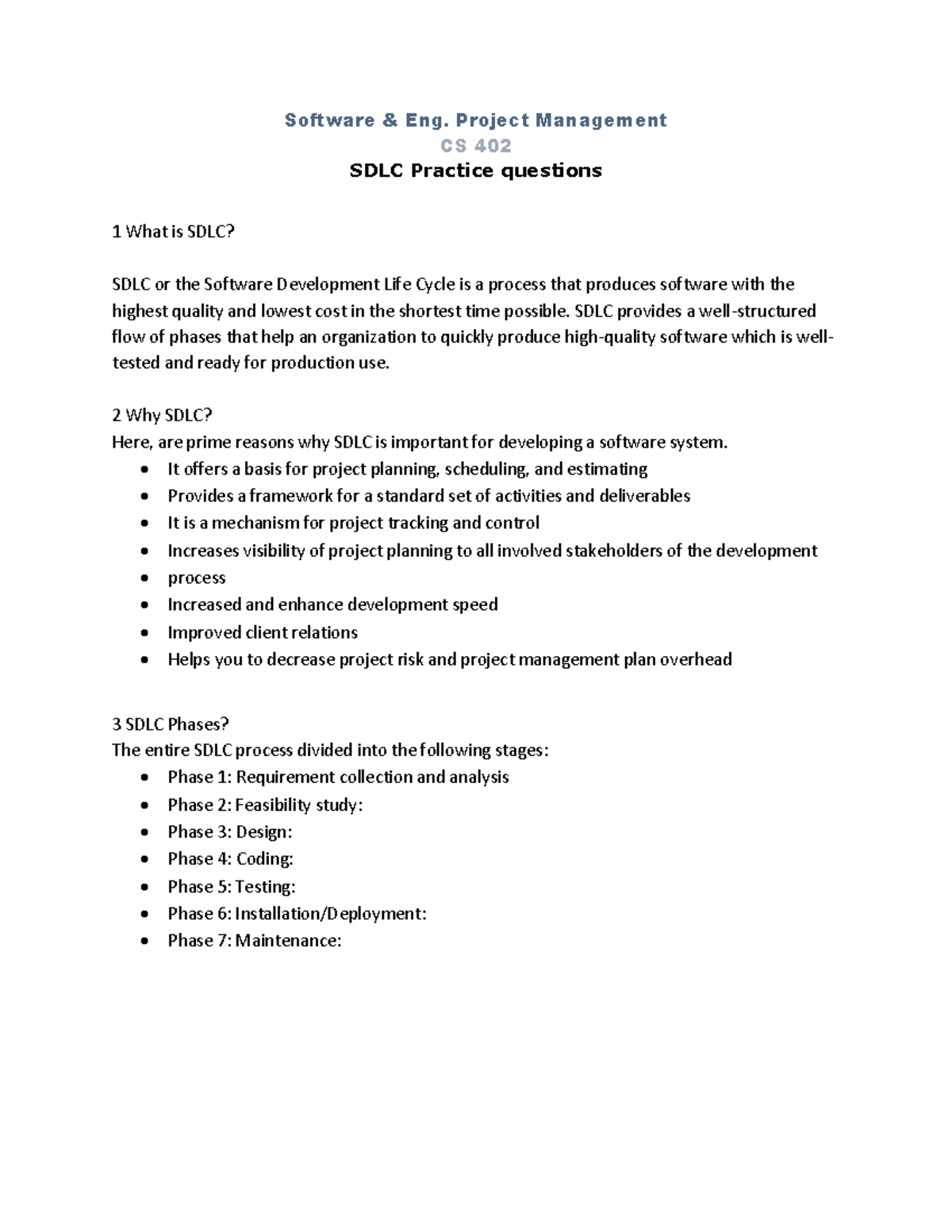 SDLC Practice questions - Software & Eng. Project Management CS 402 ...