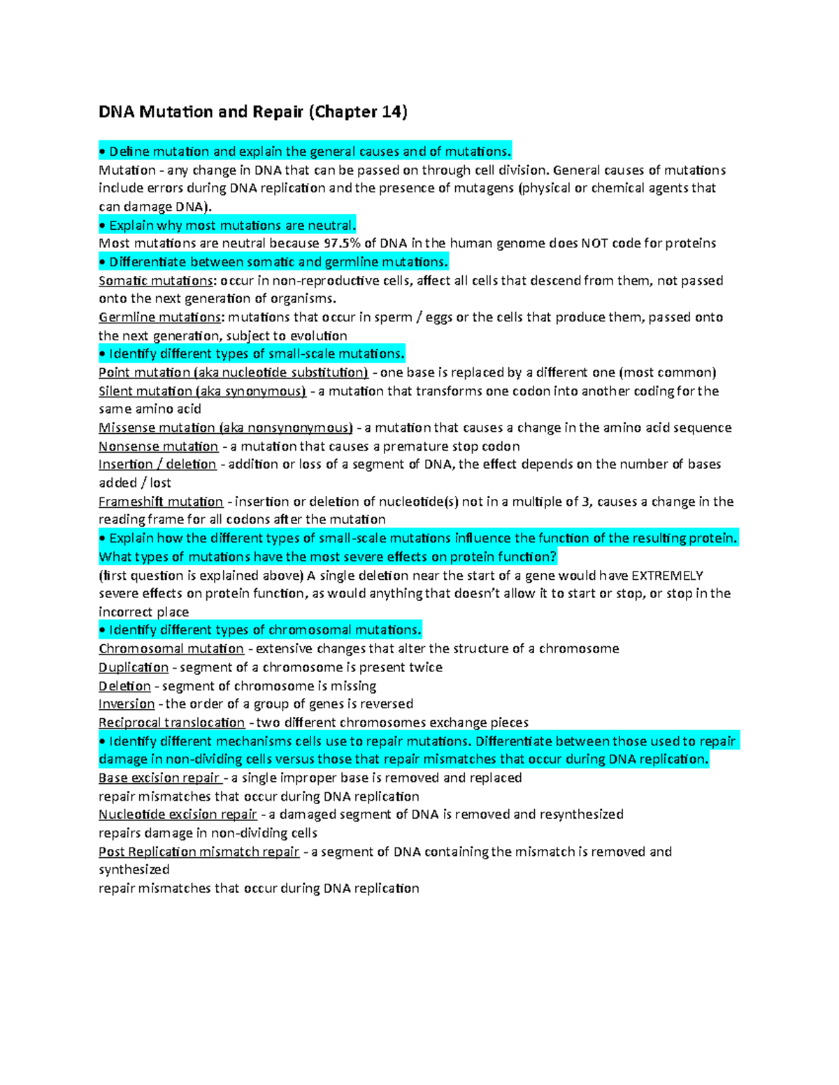DNA Mutation and Repair - Mutation - any change in DNA that can be ...