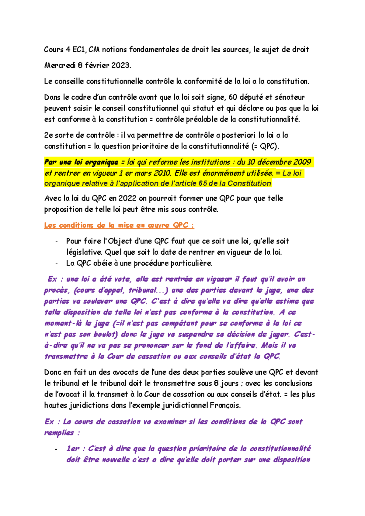 Cours 4 EC1, CM notions fondamentales de droit les sources, le sujet de droit - Le conseille ...