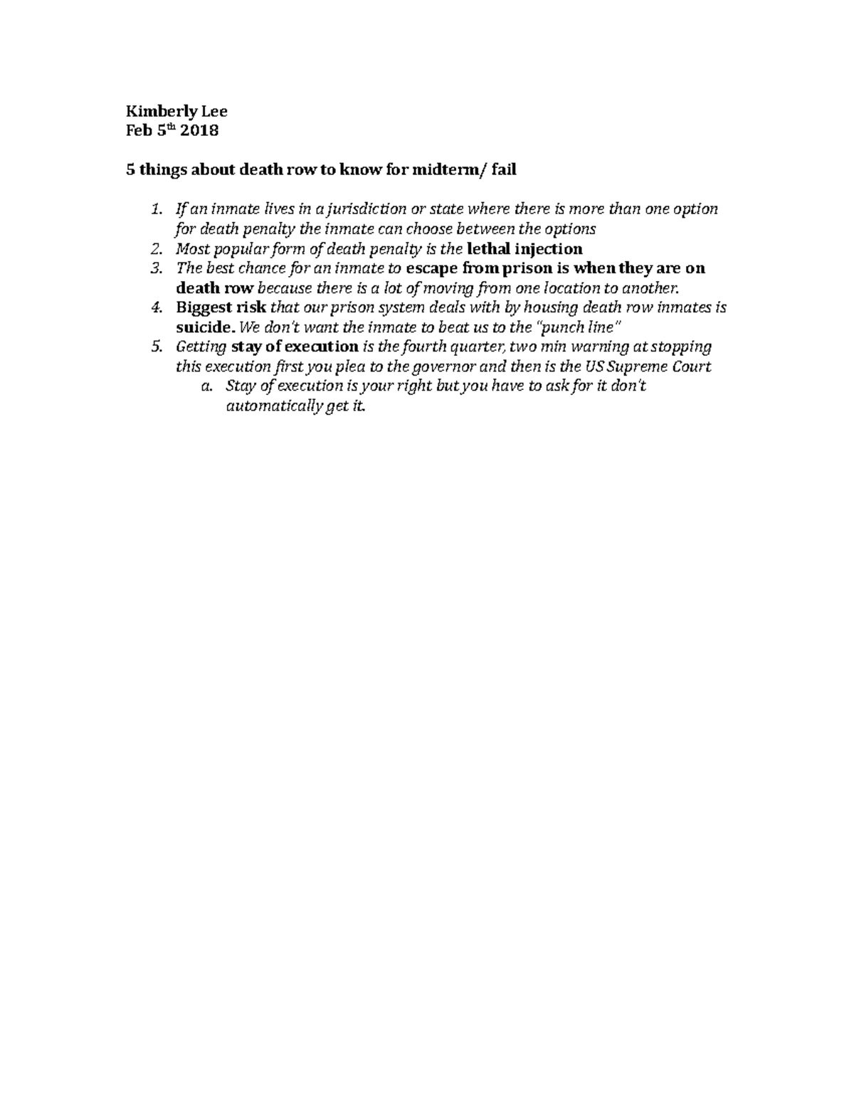 Death row - Lecture notes 1 - Kimberly Lee Feb 5th 2018 5 things about ...