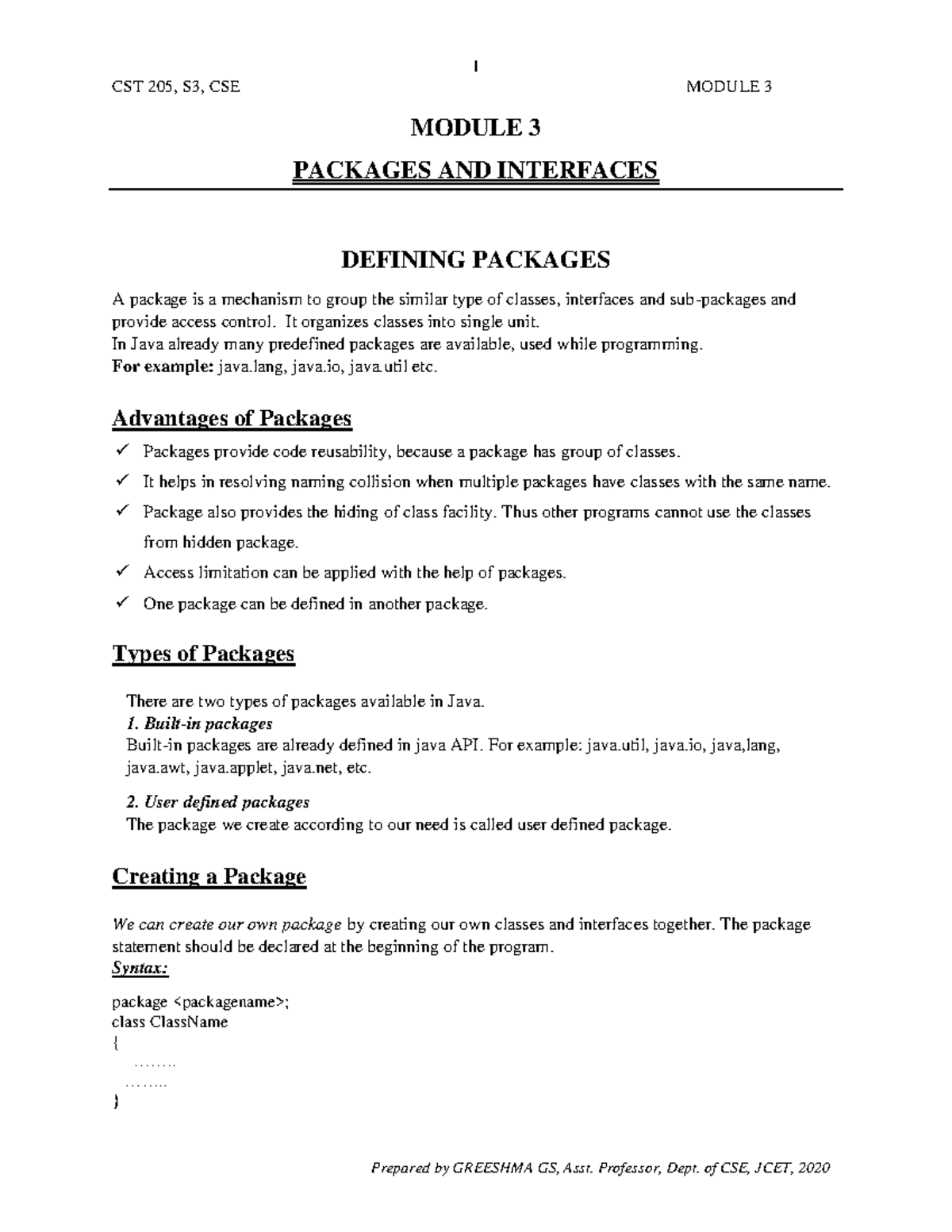 Greeshma java mod3 note - CST 205, S3, CSE MODULE 3 MODULE 3 PACKAGES ...