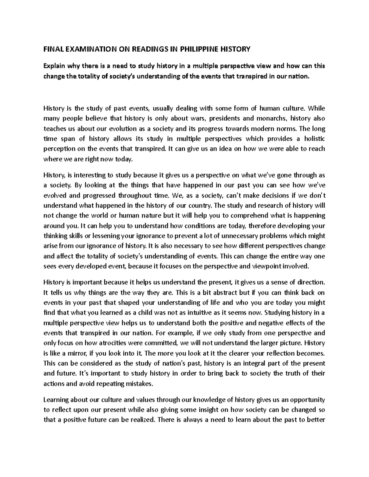 RPH, Final EXAM - Readings in Philippine History - FINAL EXAMINATION ON ...