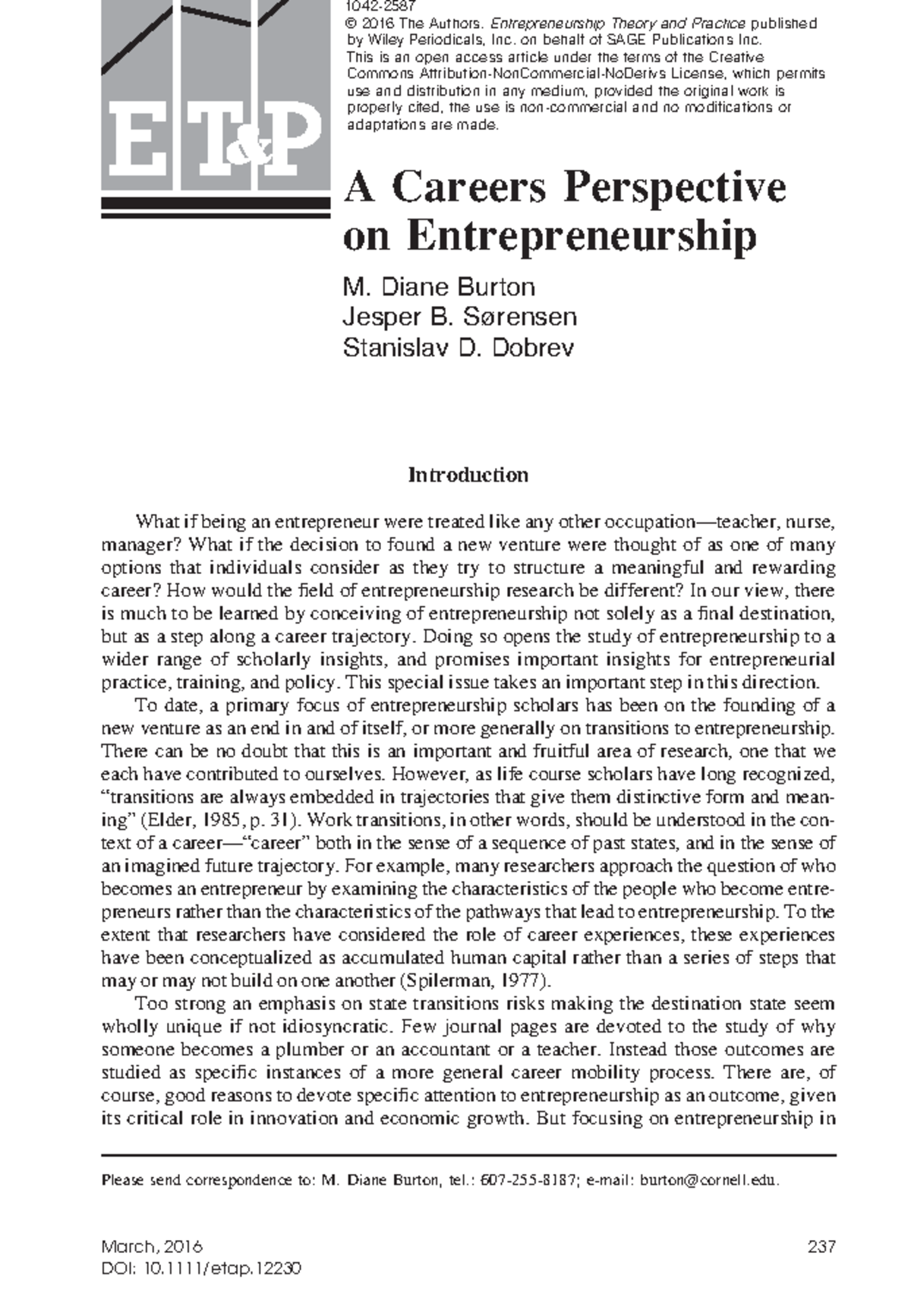 A Careers Perspective on Entrepreneurship - Diane Burton Jesper B ...