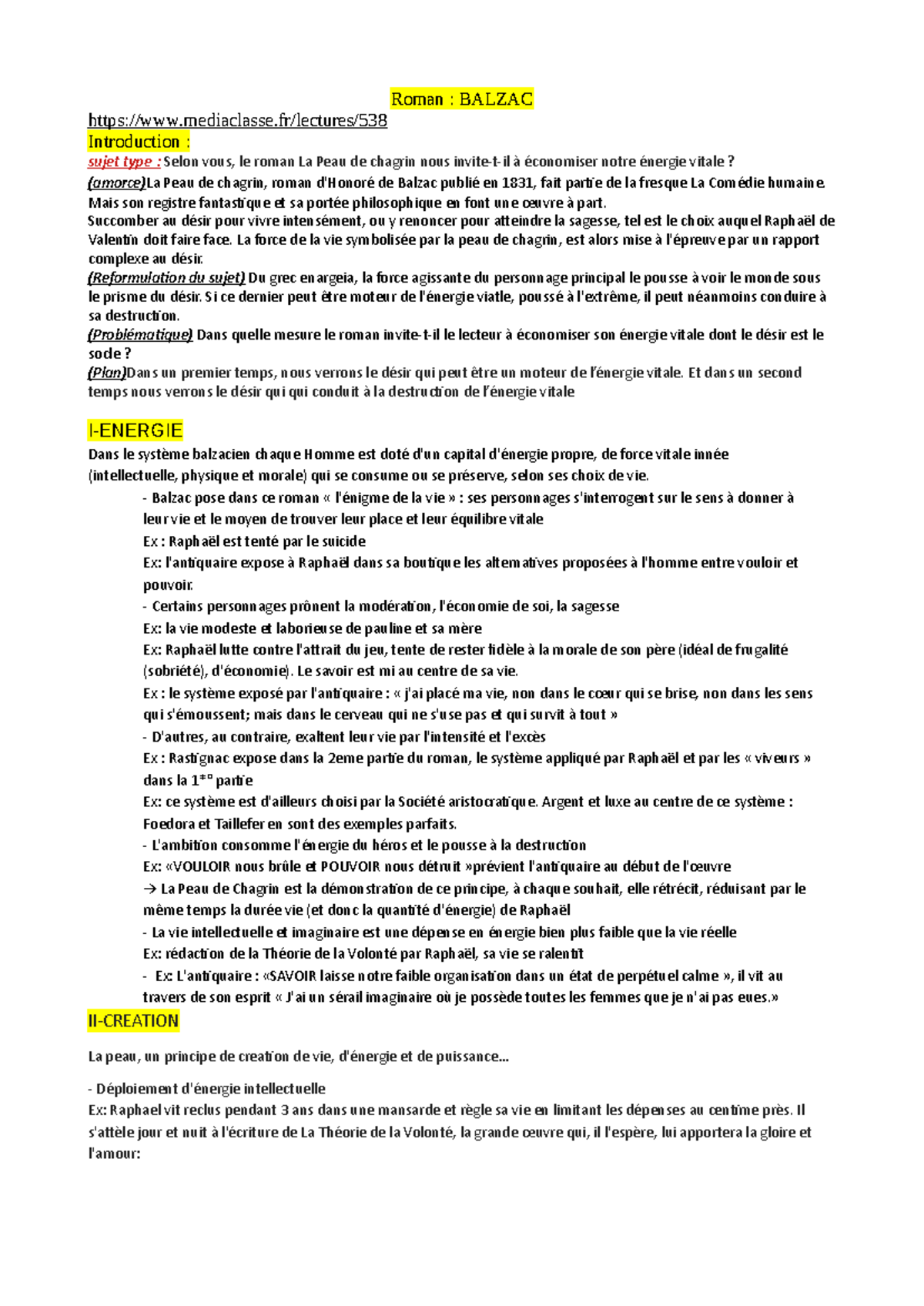 Fiche Dissertation Balzac bac de francais 2024 - Roman : BALZAC ...