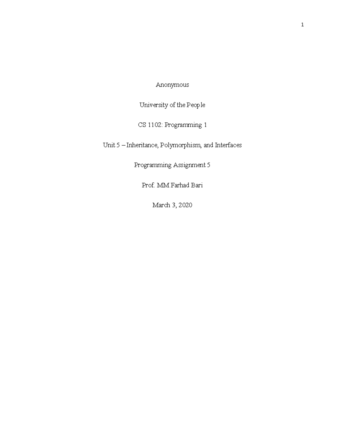 CS1102-PA5 - Written assignment - Anonymous University of the People CS 1102: Programming 1 Unit ...