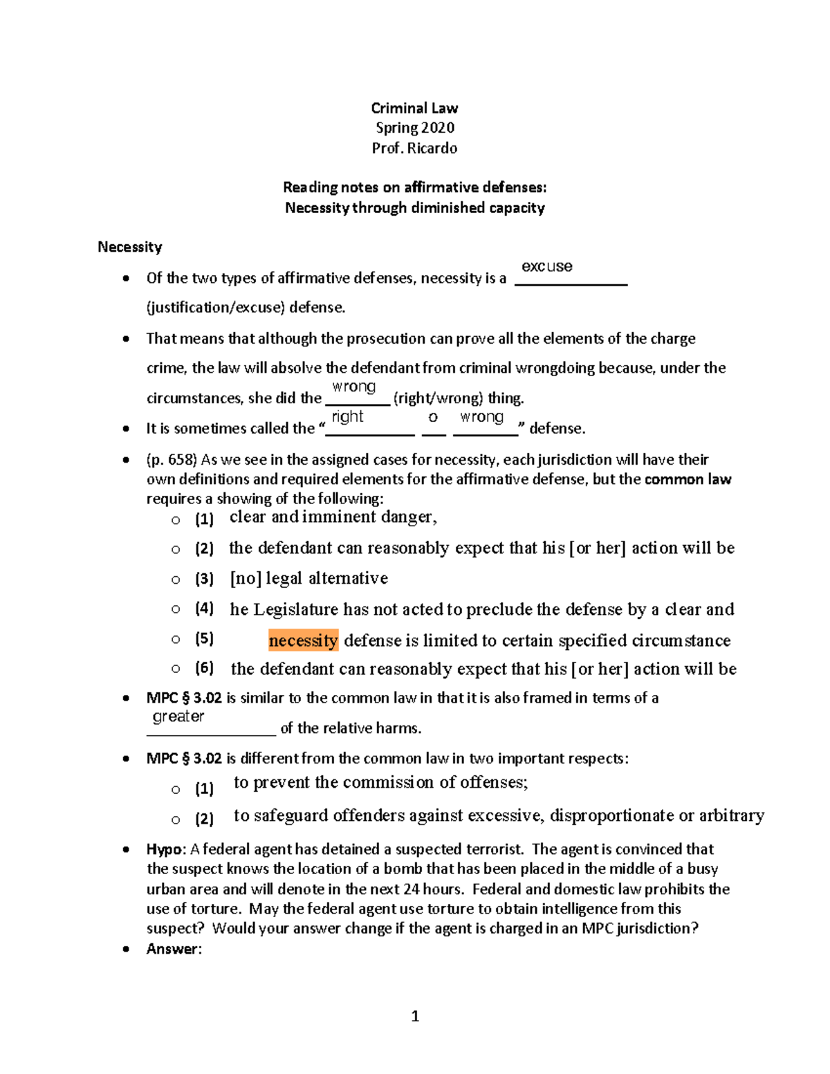 HO necessity and excuse defenses fillable - Criminal Law Spring 2020 ...