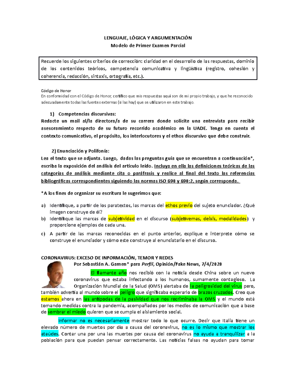 Modelo DE Primer Examen Parcial-2C- LLy A - LENGUAJE, LÓGICA Y ARGUMENTACIÓN Modelo de Primer ...