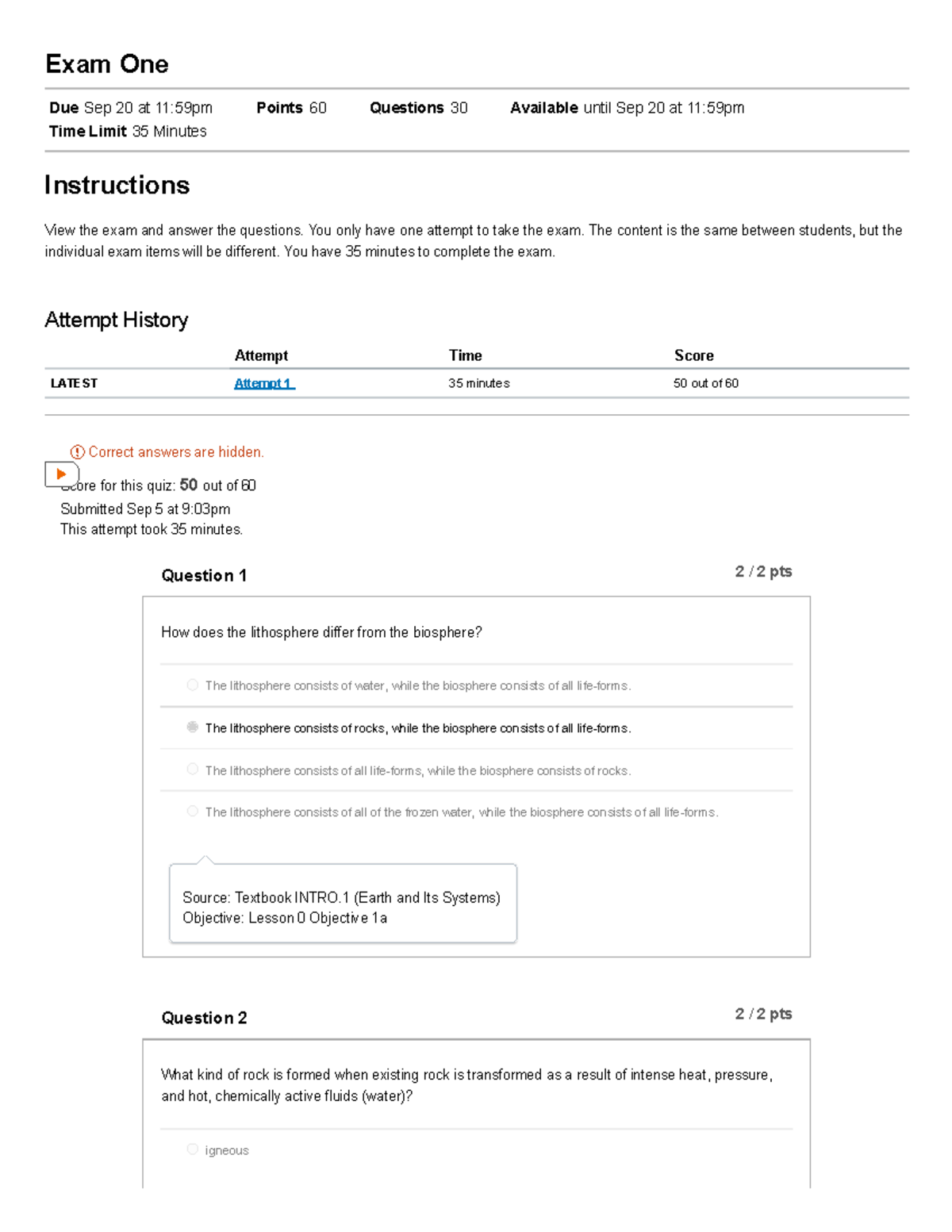 Exam One GEOL105-24232 (ONL) General Geology - Exam One Due Sep 20 at ...