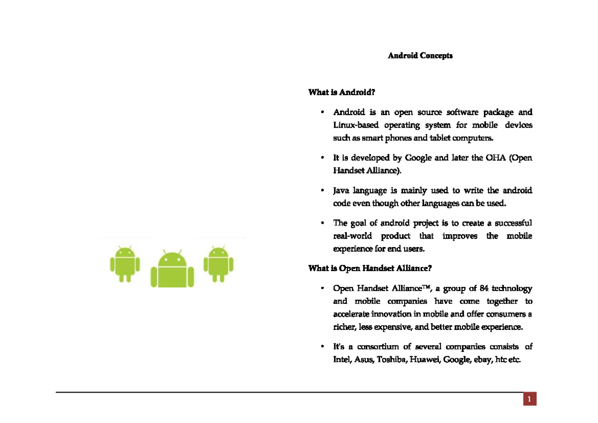 Android Concepts - It is developed Google and later the OHA (Open ...