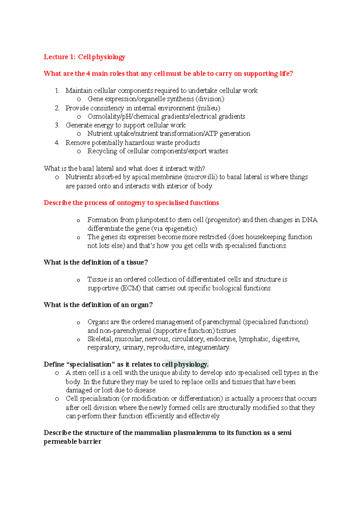 1 Cell physiology - Lecture 1: Cell physiology What are the 4 main ...