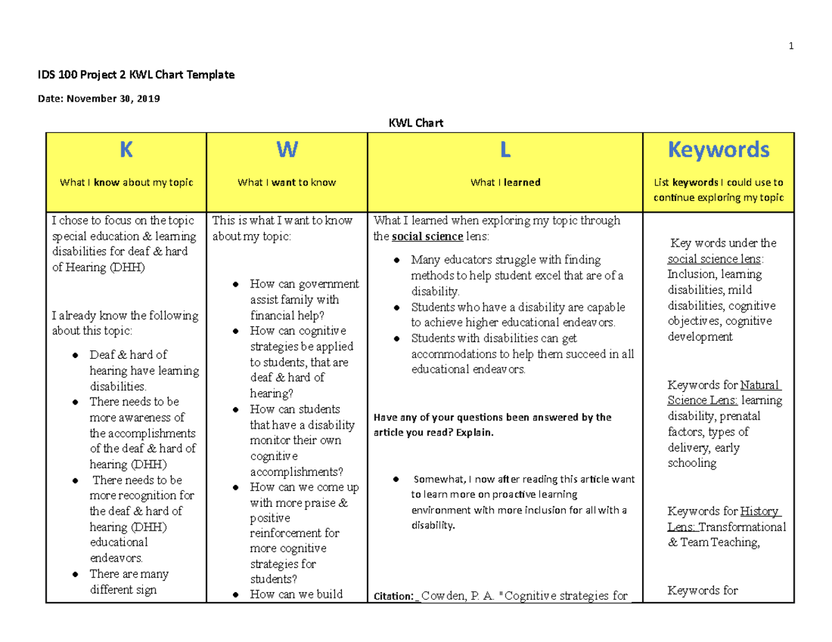 Beth100 kwl chart template - IDS 100 Project 2 KWL Chart Template Date ...