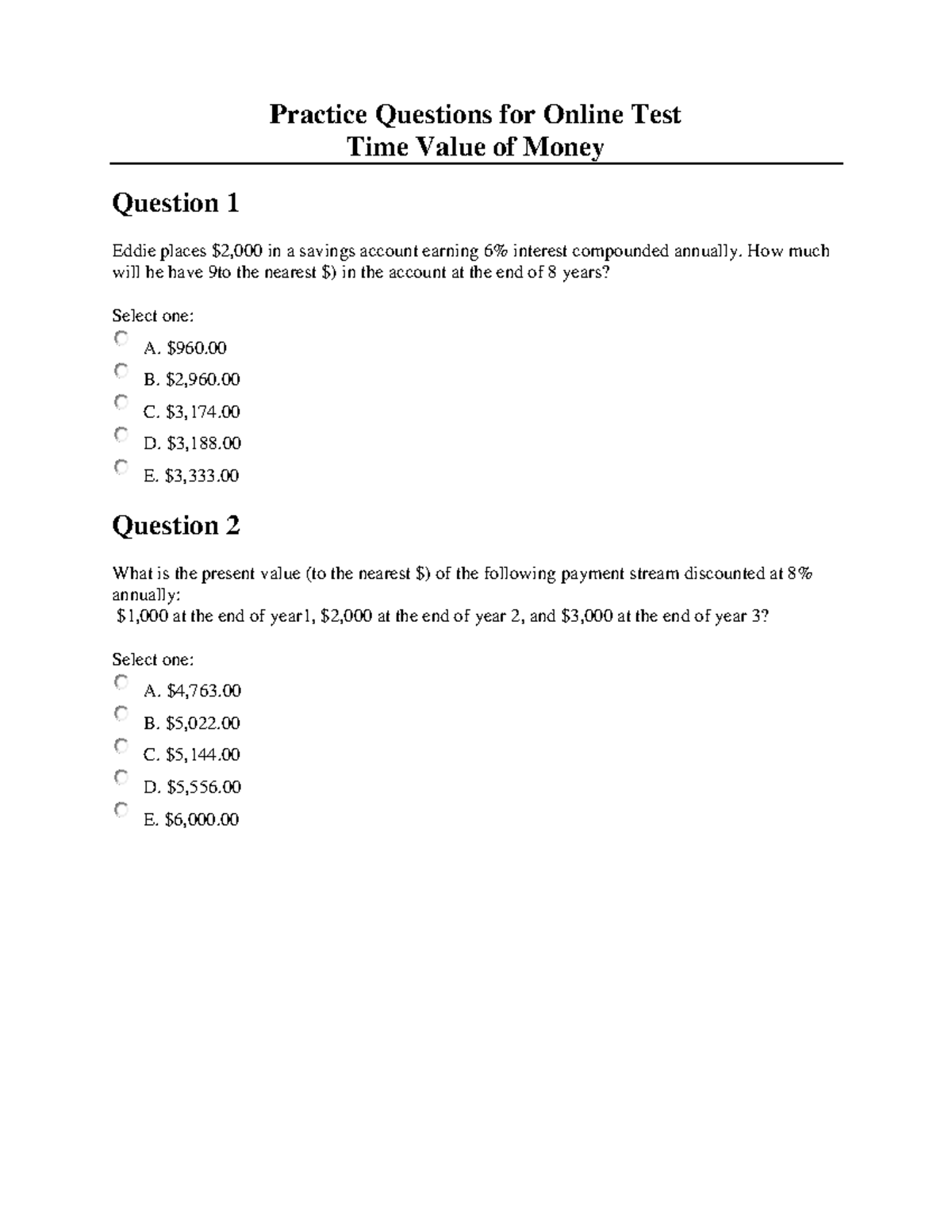 Practice questions - annuities, valuation of bonds and shares, time ...