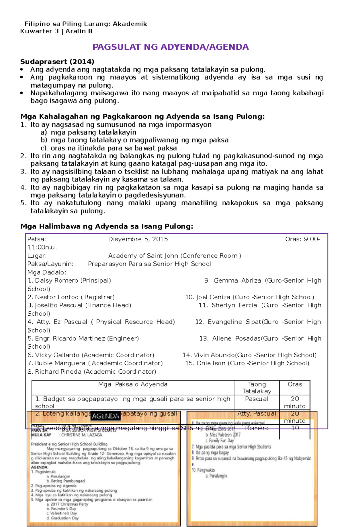 Aralin 8- Agenda - N/A - Filipino sa Piling Larang: Akademik Kuwarter 3 ...