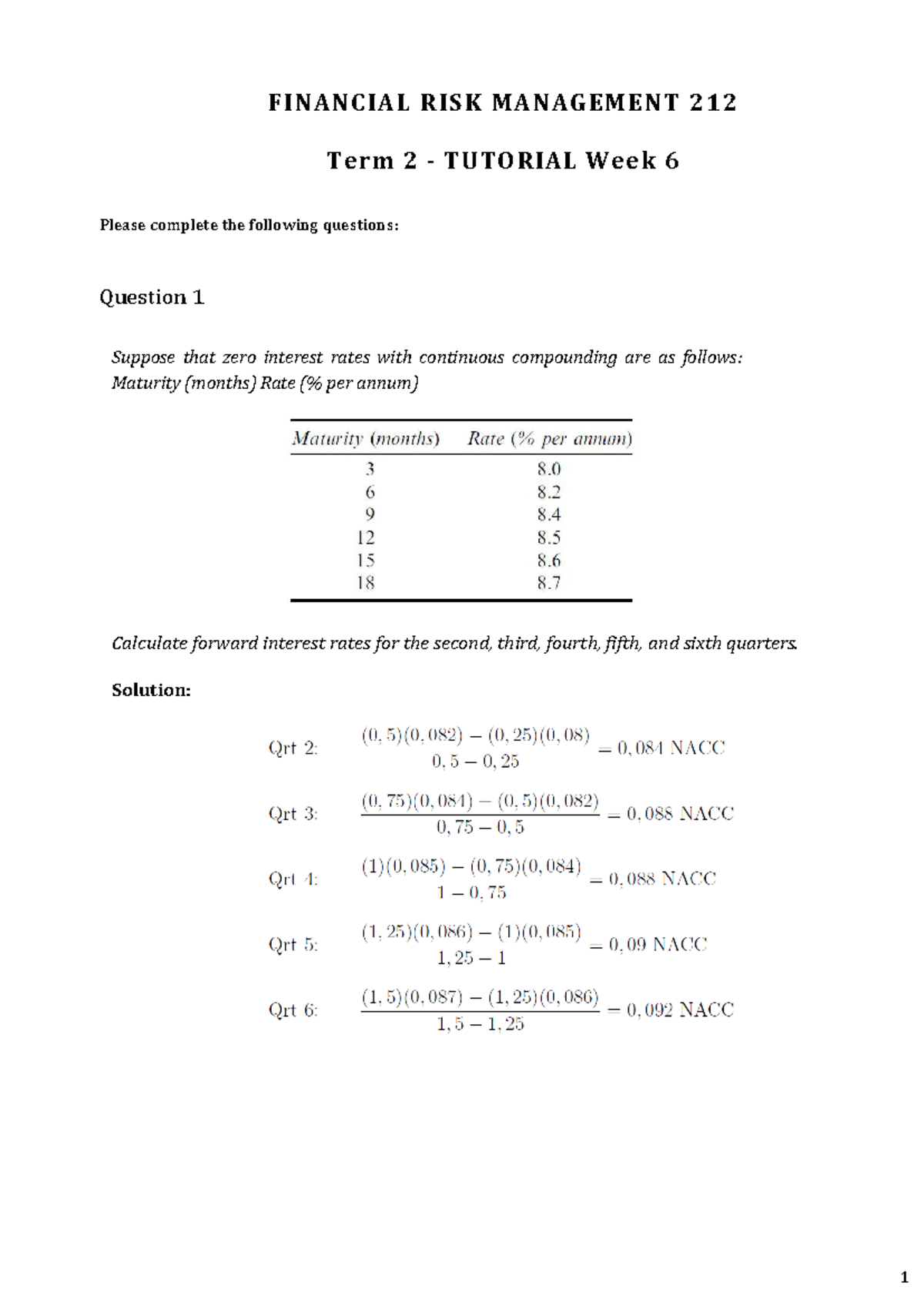 FRM212 - Term 2 - Tutorial Week 6 (Solutions) - FINANCIAL RISK MANAGEMENT 212 Term 2 - TUTORIAL ...
