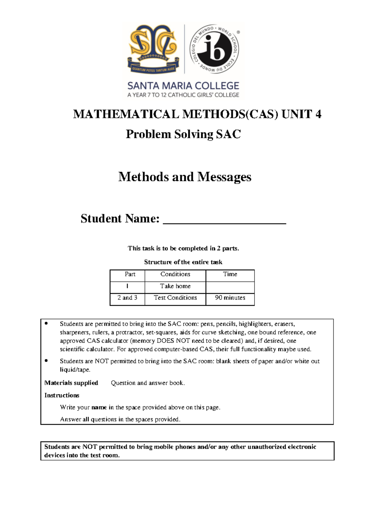 Practice SAC Methods - 2023 MATHEMATICAL METHODS(CAS) UNIT 4 Problem ...