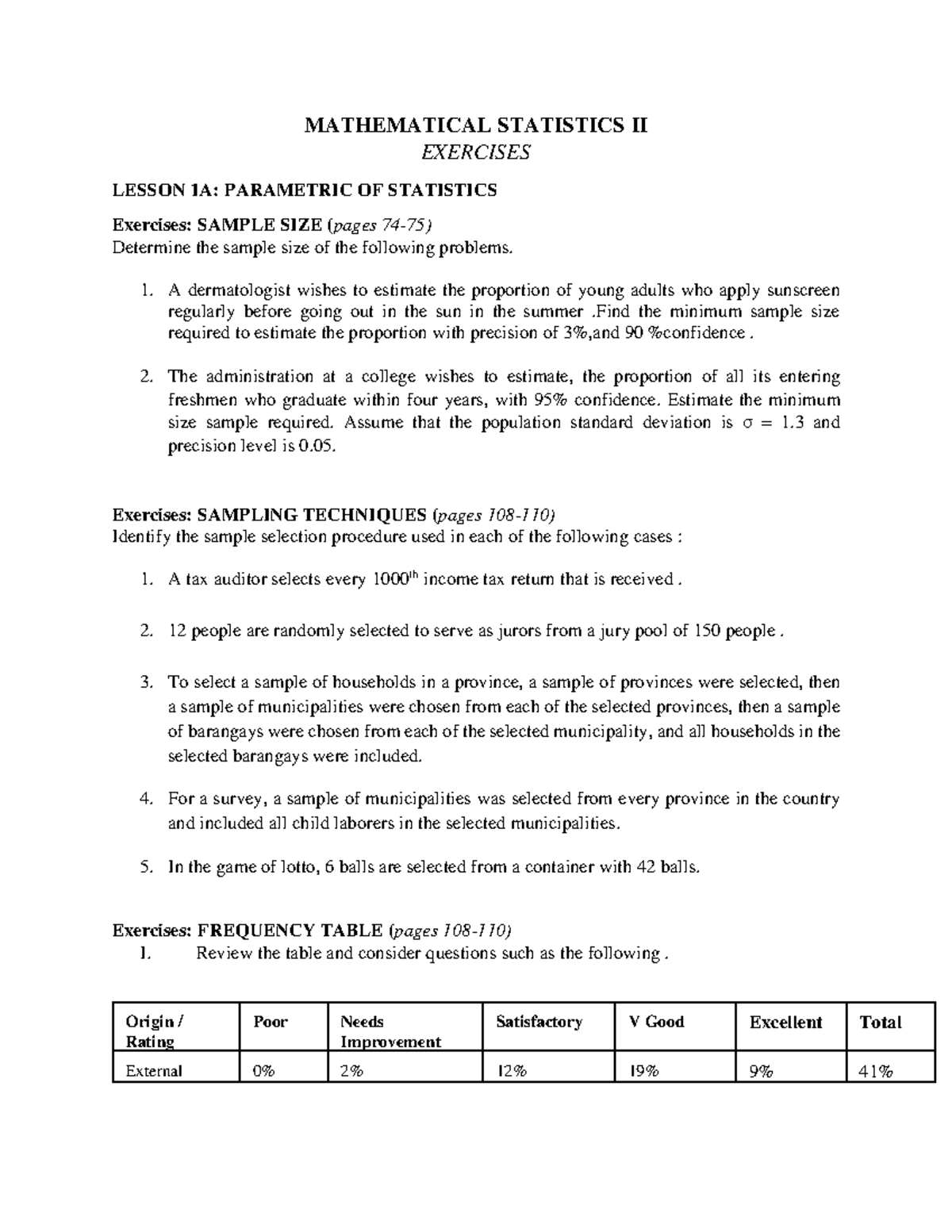 stats Exercises - MATHEMATICAL STATISTICS II EXERCISES LESSON 1A: PARAMETRIC OF STATISTICS - Studocu