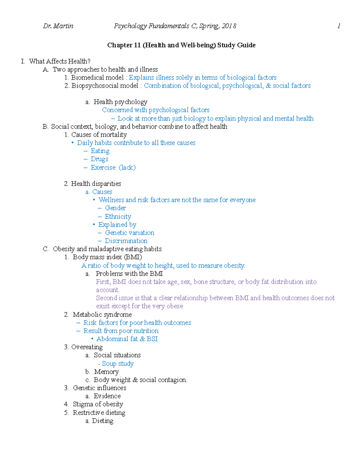Chapter 11 Health Study Guide Spring 2018 - Dr. Martin Psychology ...