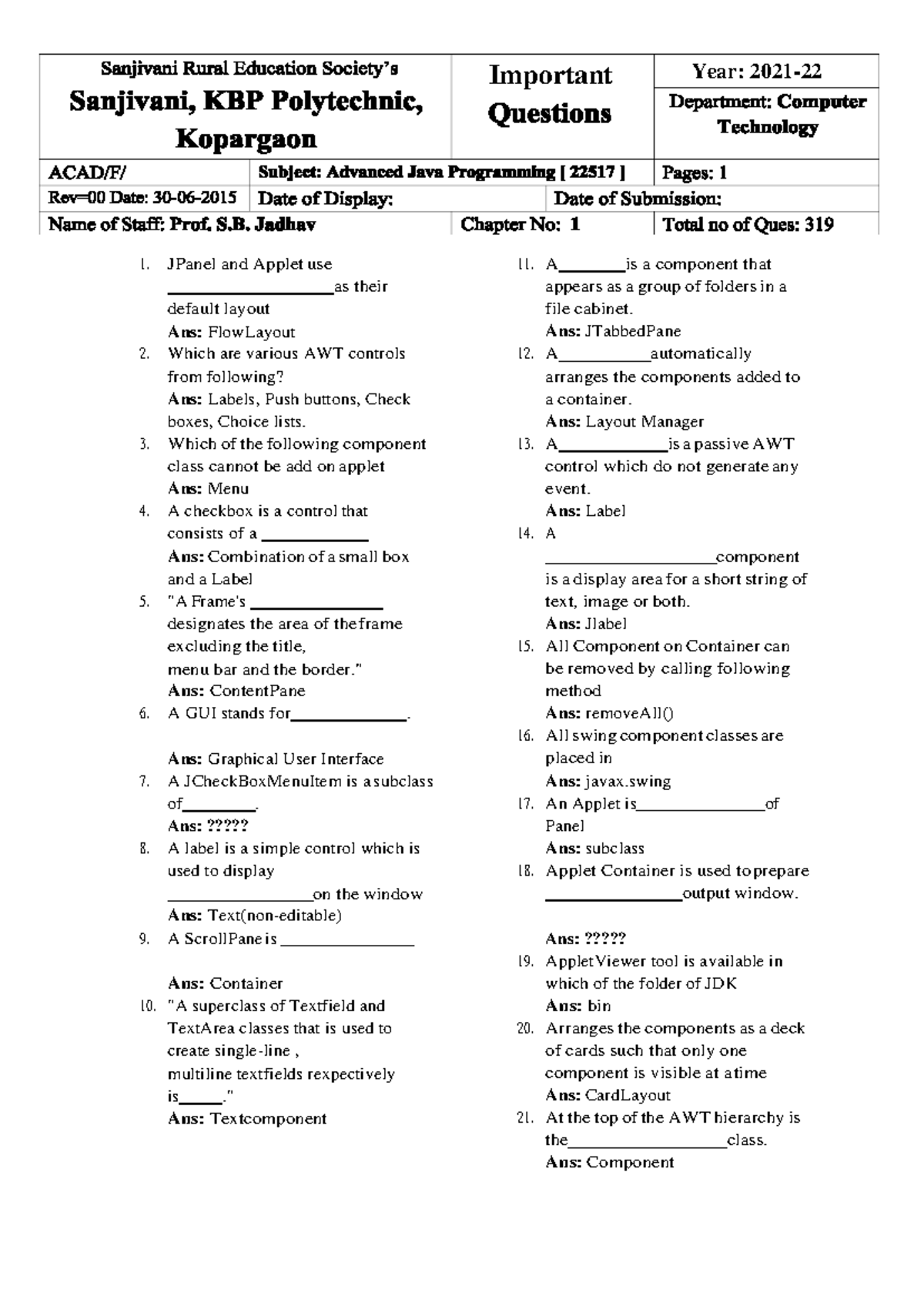 Ajp 22517 important questions - JPanel and Applet use as their default ...