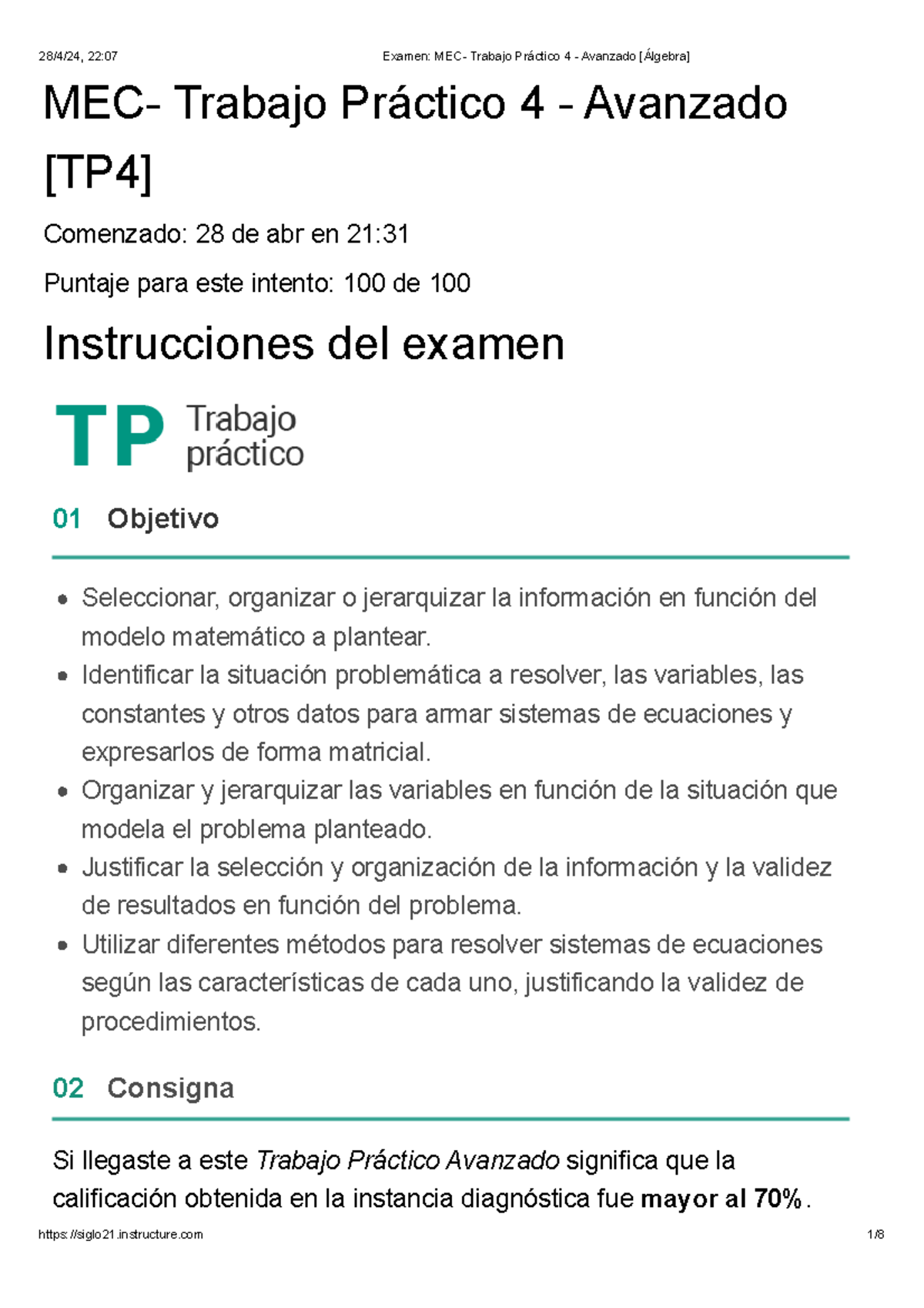 TP4 - Avanzado 100pts. [Álgebra] - MEC- Trabajo Práctico 4 - Avanzado [TP4] Comenzado: 28 de abr ...