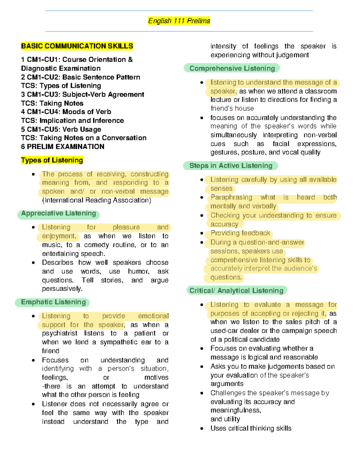 English week 1 to 5 - BASIC COMMUNICATION SKILLS 1 CM1-CU1: Course ...