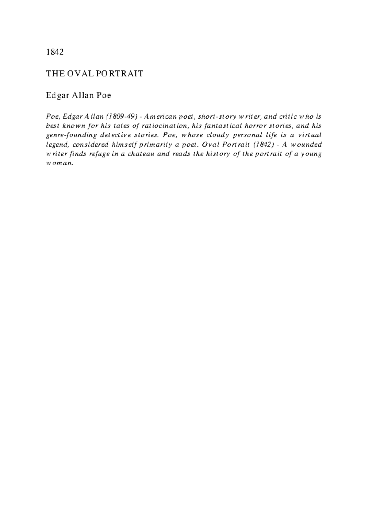 The Oval Portrait - short story - 1842 TH E O VAL PO RTRAIT Ed gar ...