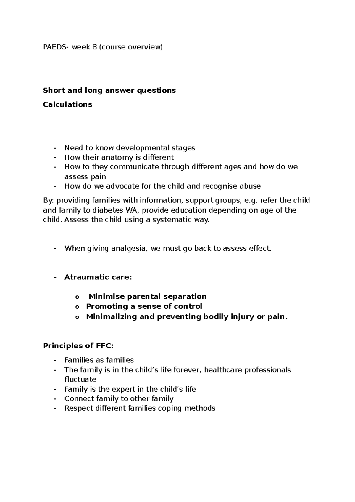 Paeds - week 8 (course summary) - PAEDS- week 8 (course overview) Short ...