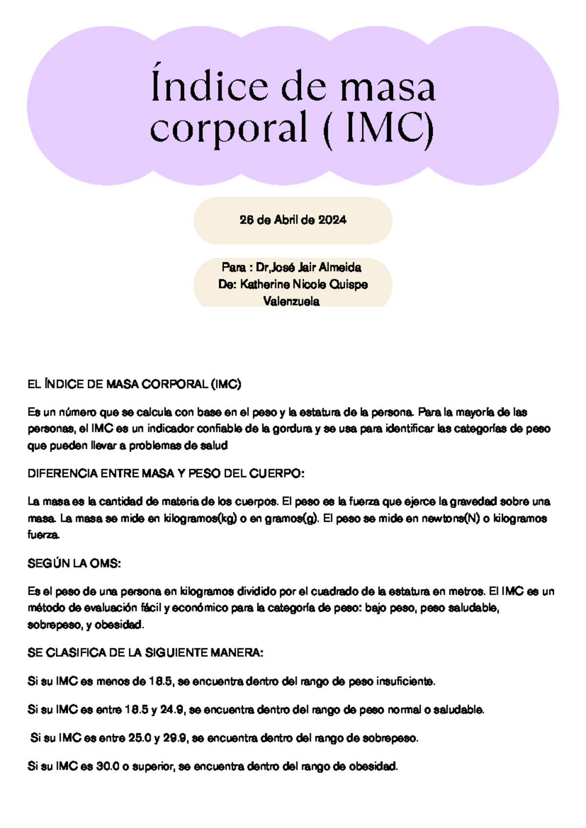 IMC - EL ÍNDICE DE MASA CORPORAL (IMC) Es un número que se calcula con ...