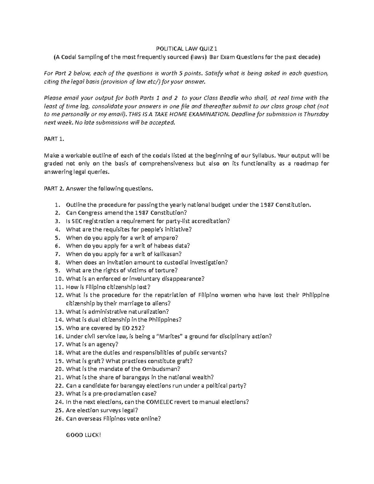 Political LAW QUIZ 1 September 10 2023 - POLITICAL LAW QUIZ 1 (A Codal ...