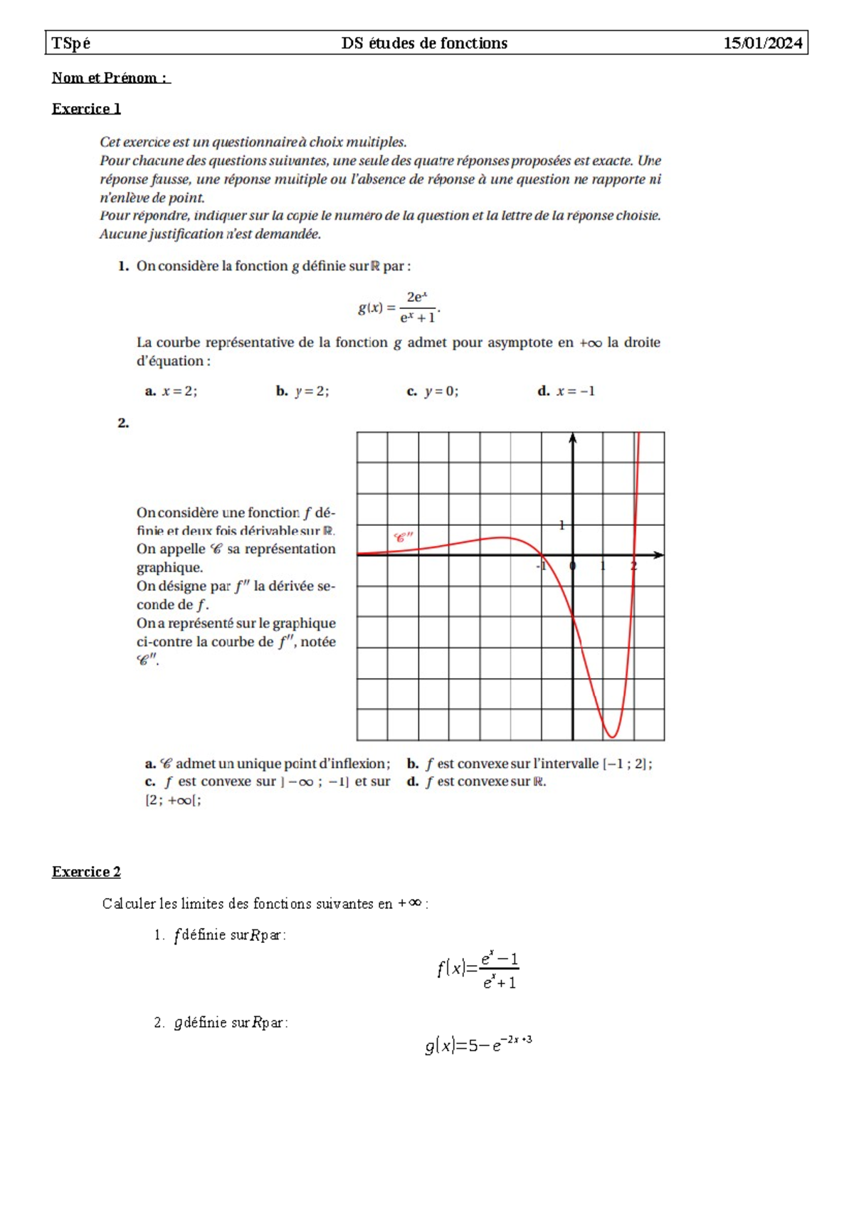 DS - 2024 - fonctions - Mathématiques - TSpé DS études de fonctions 15/01/ Nom et Prénom ...