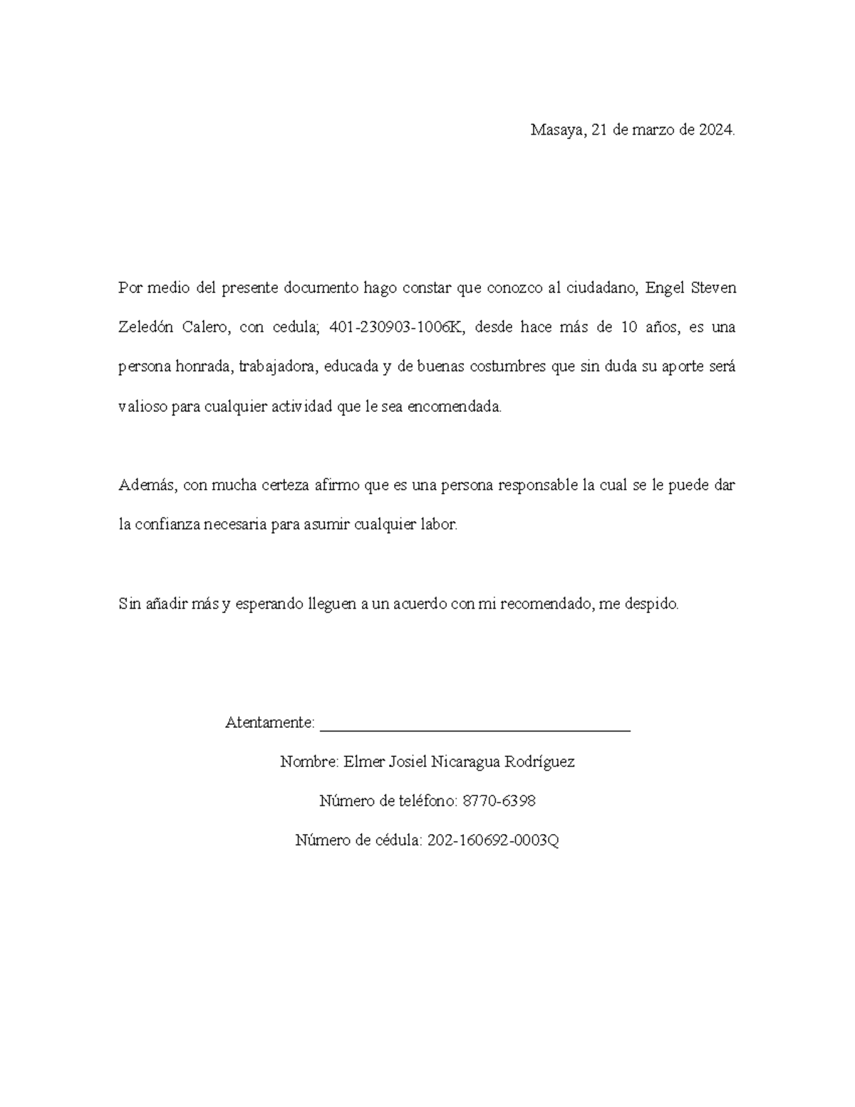 Carta DE Recomendacion - Masaya, 21 de marzo de 2024. Por medio del ...