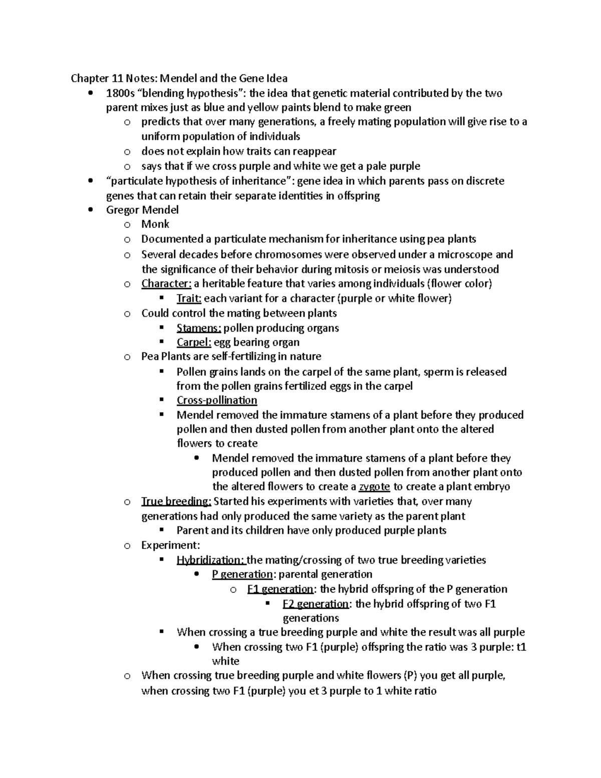 Chapter 11 Notes - Chapter 11 Notes: Mendel and the Gene Idea 1800s ...