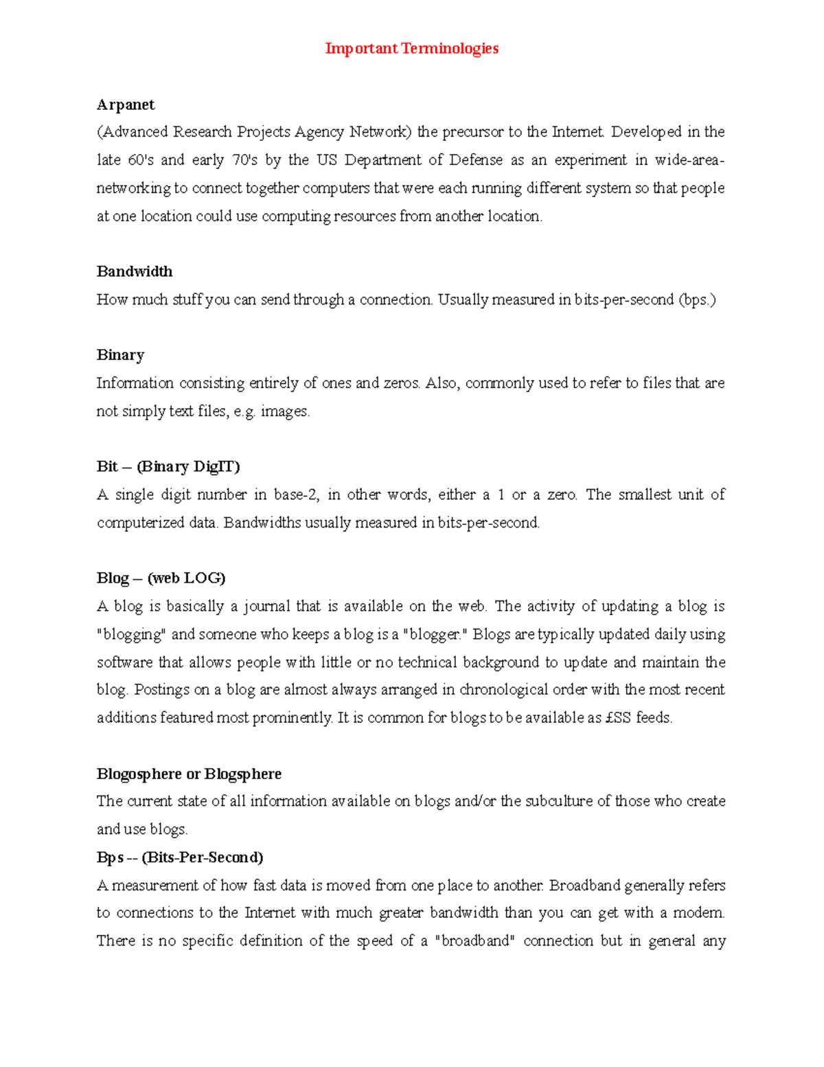 Ch11 Important Terminologies - Important Terminologies Arpanet ...