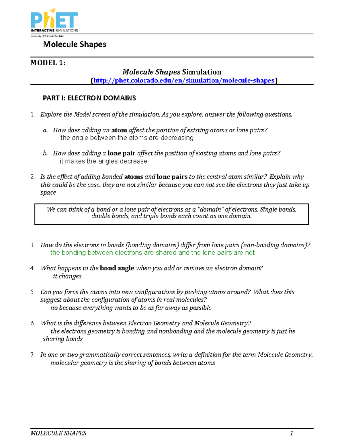 Ph ET Molecule Shapes Student Handout - Molecule Shapes MODEL 1 ...