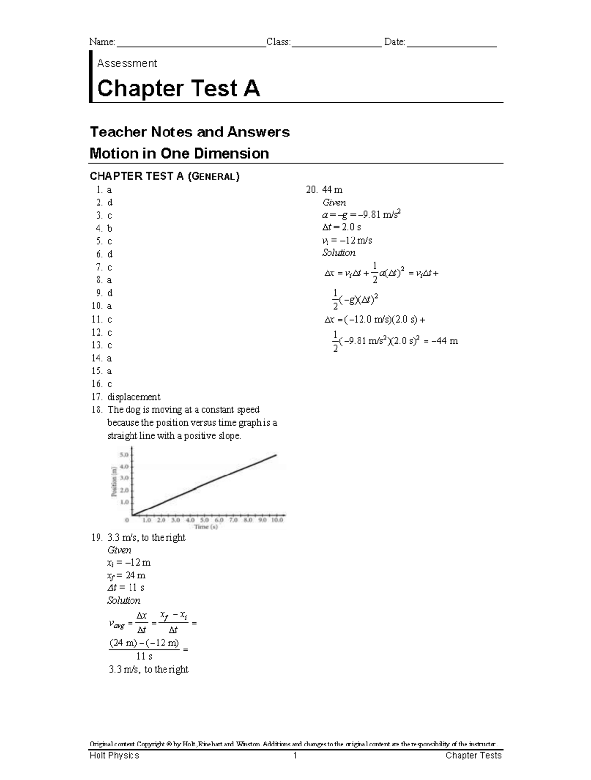 Chapter 2 motion in one dimension chapter test a with answers ...