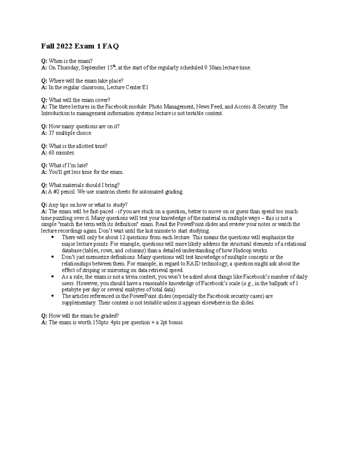 IDS 200 Fall 2022 Exam 1 FAQ CRN 42062 - Fall 2022 Exam 1 FAQ Q: When is the exam? A: On ...