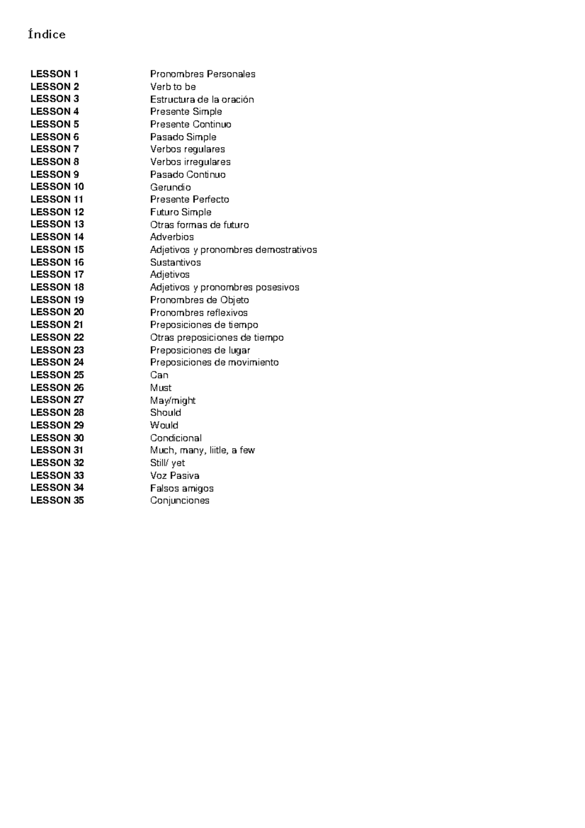 Ingles - Índice LESSON 1 LESSON 2 LESSON 3 LESSON 4 LESSON 5 LESSON 6 ...