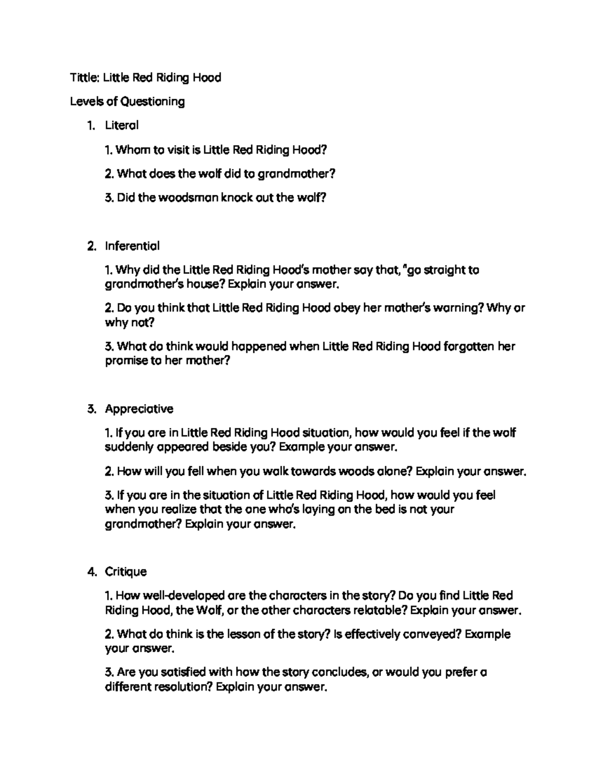 Tittle Little-WPS Office - Tittle: Little Red Riding Hood Levels of ...