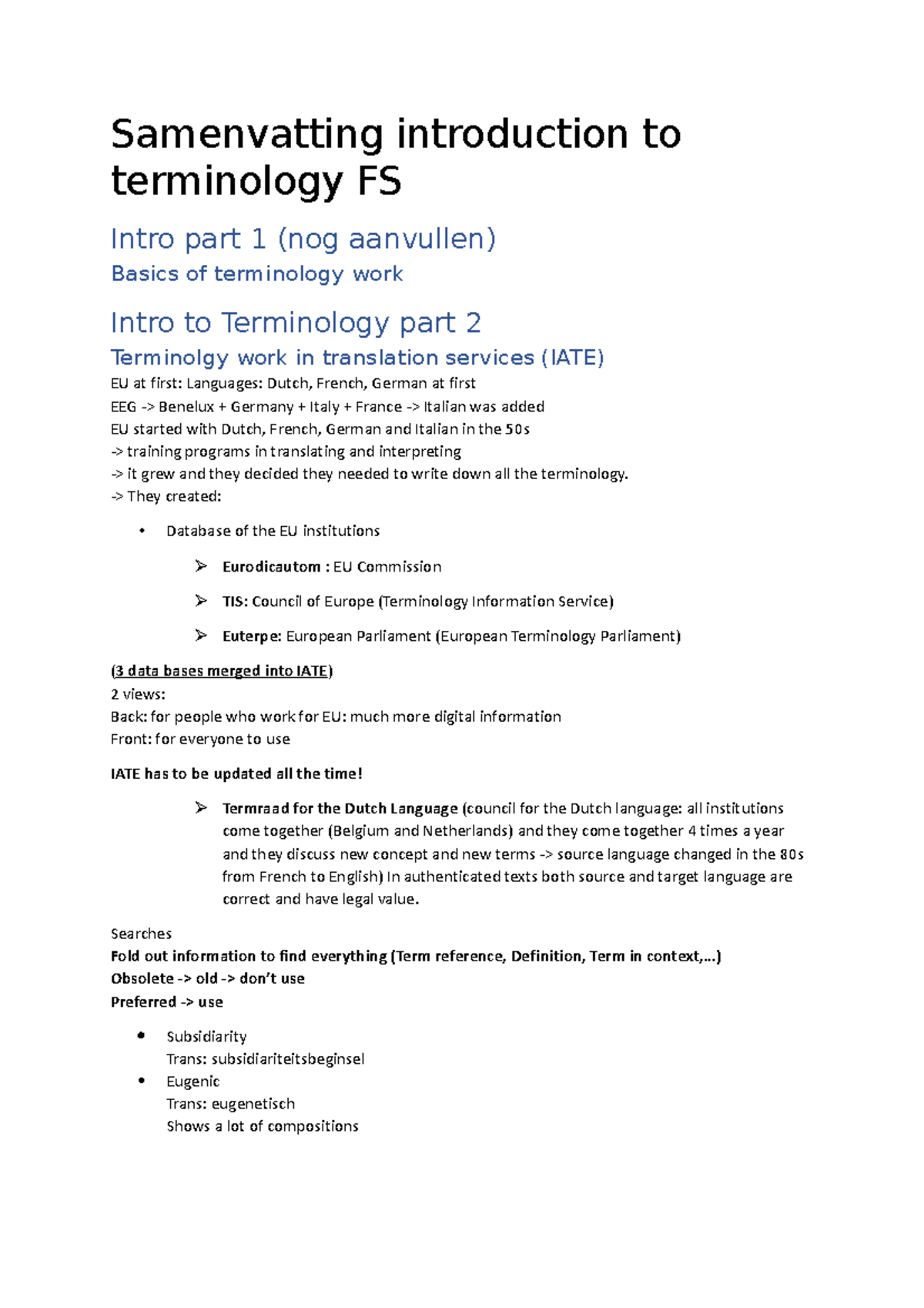 Samenvatting introduction to terminology - Samenvatting introduction to ...