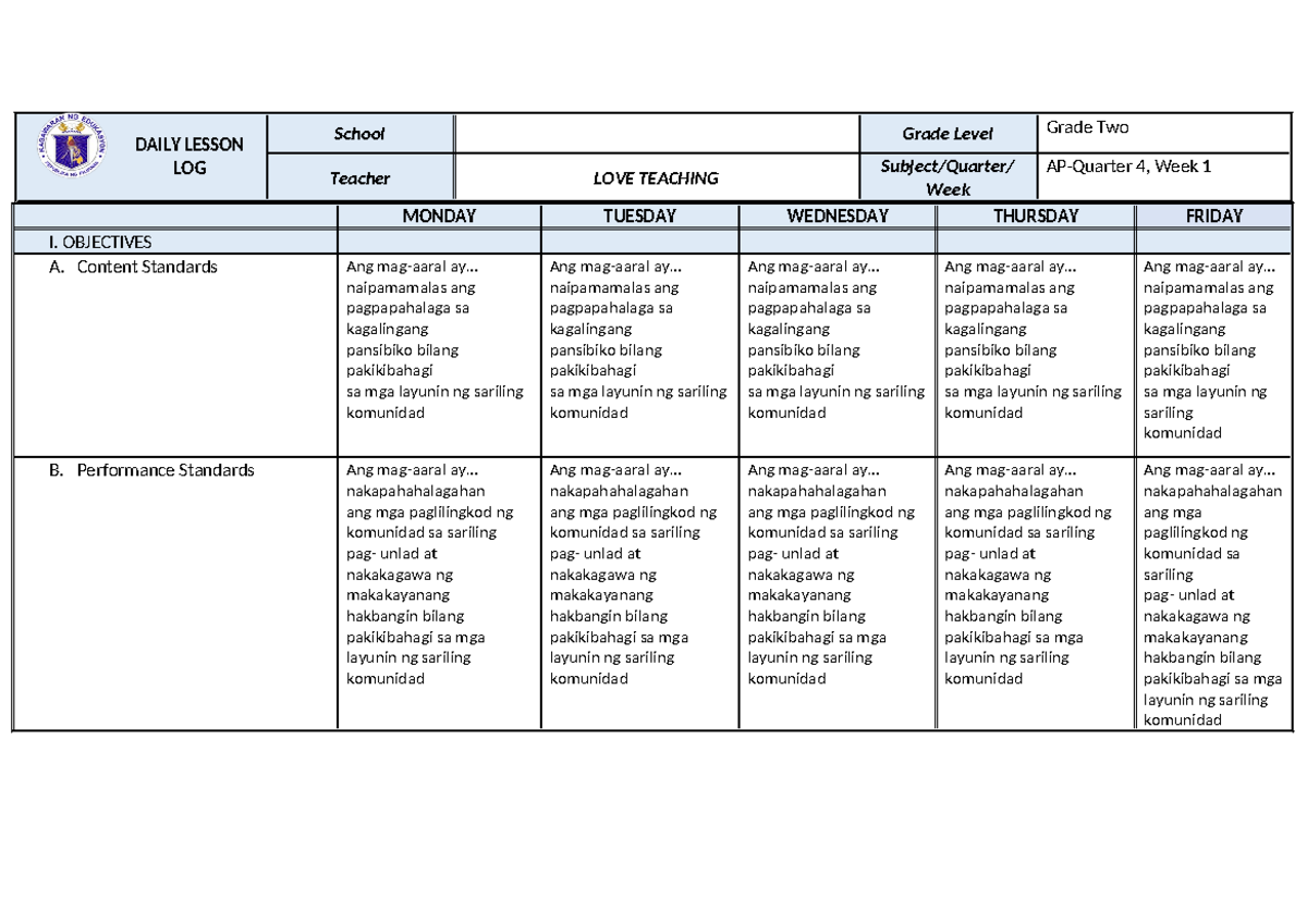 AP DLL - Ap Lesson plan - DAILY LESSON LOG School Grade Level Grade Two ...