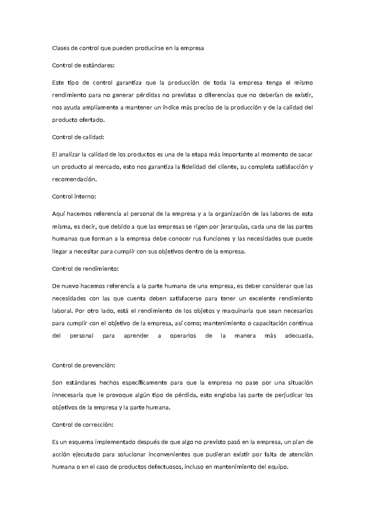 Clases de control que pueden producirse en la empresa - Control de ...