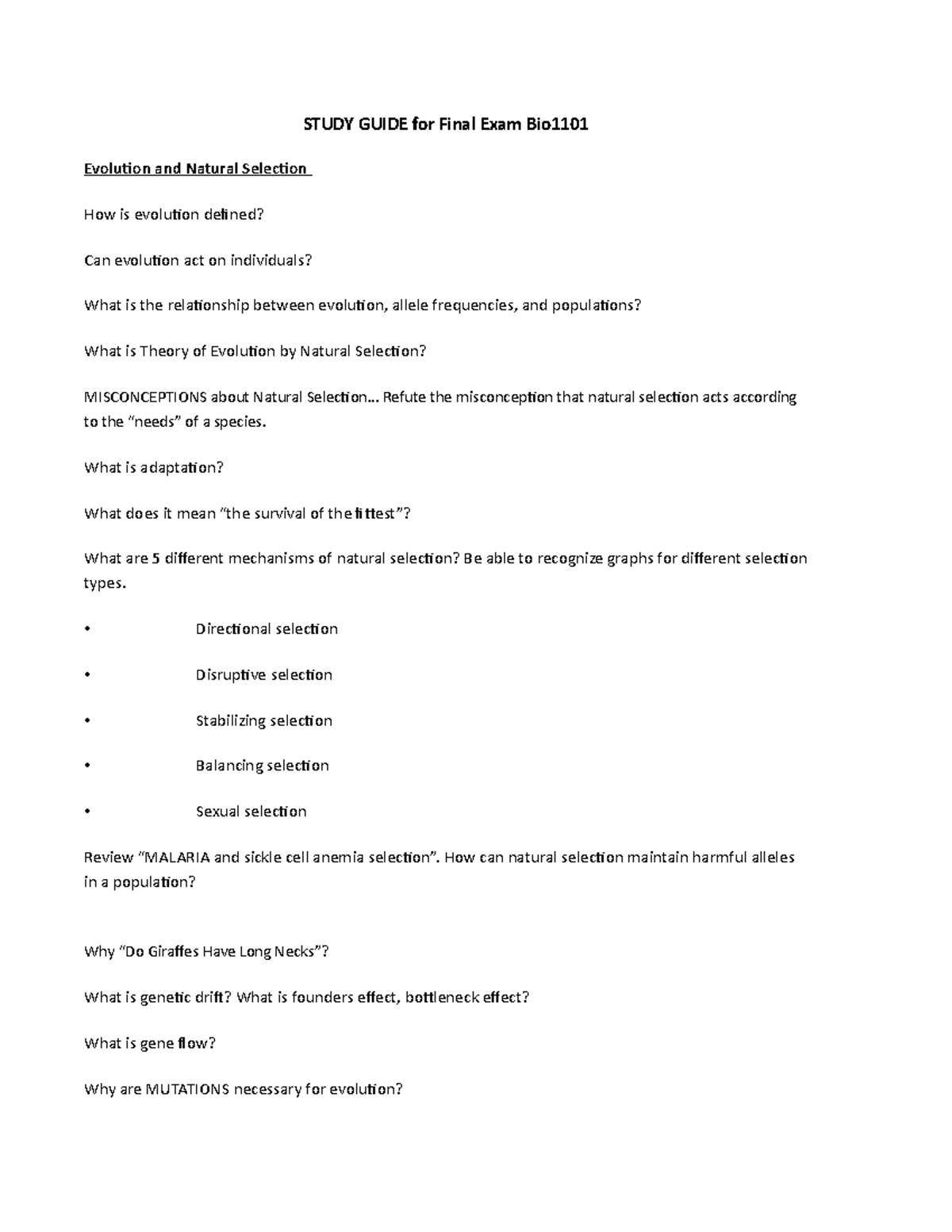 Study Guide Final Exam - STUDY GUIDE for Final Exam Bio Evolution and ...