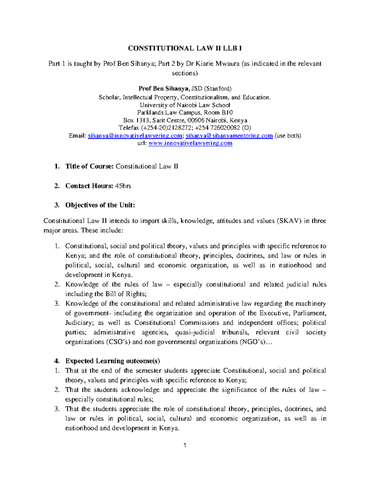 Constitutional Process Course Outline Sihanya - CONSTITUTIONAL LAW II ...