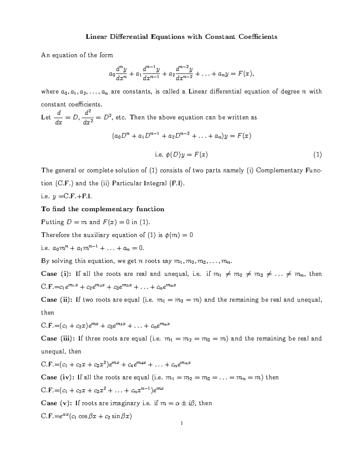 Unit III-ODE - Linear Differential Equations with Constant Coefficients An equation of the form ...