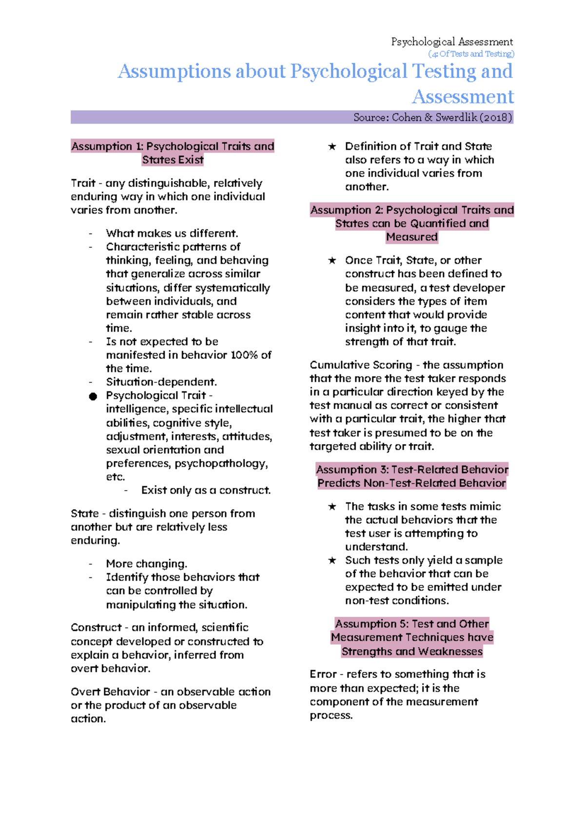 Assumptions - Psych Assess Notes - (4: Of Tests and Testing ...