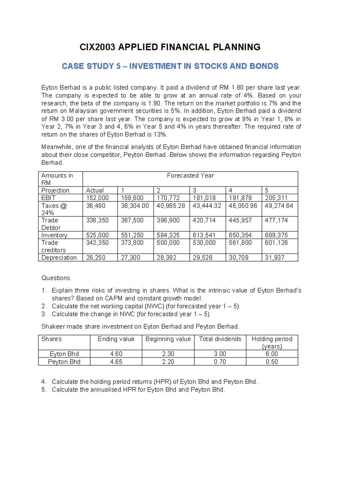Case Study 5 - Investment in Stocks and Bonds - CIX2003 APPLIED ...