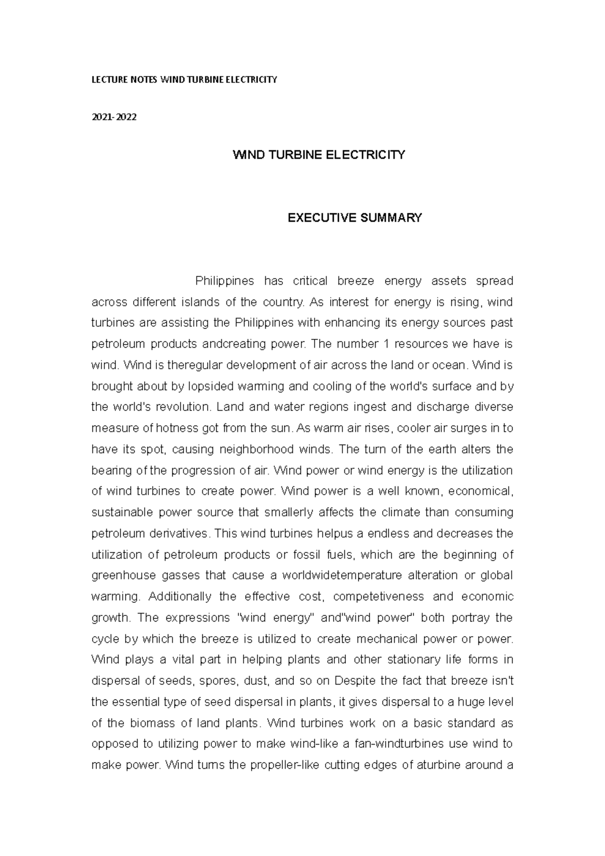 Lecture Notes WIND Turbine Electricity - LECTURE NOTES WIND TURBINE ...