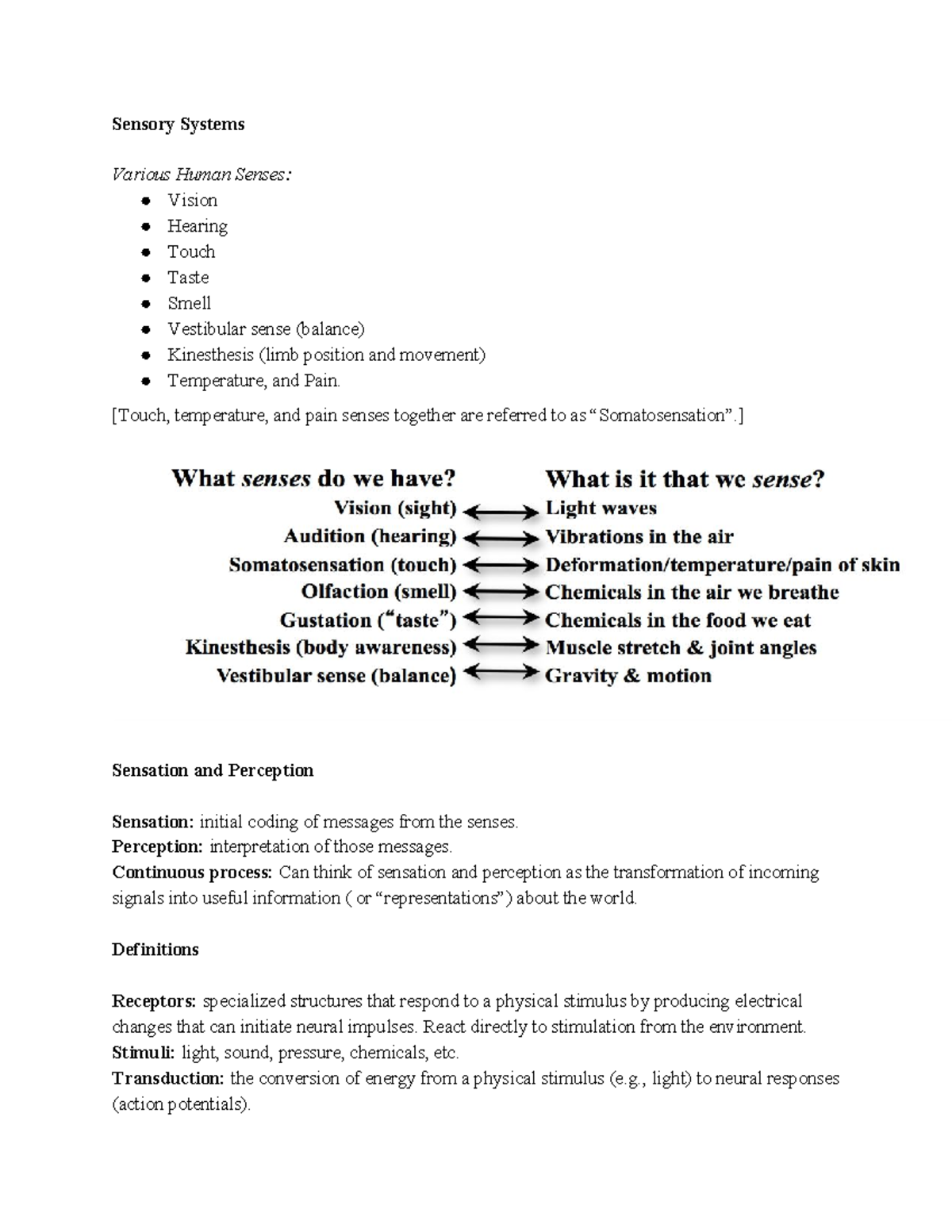 Psych 201: Sensation - Sensory Systems Various Human Senses: Vision ...