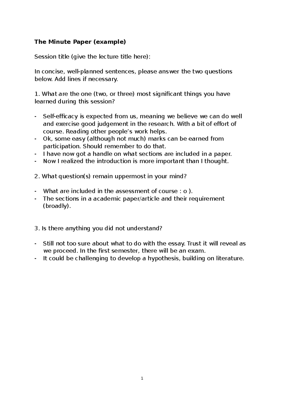 Minute Paper example bman30190 - The Minute Paper (example) Session ...