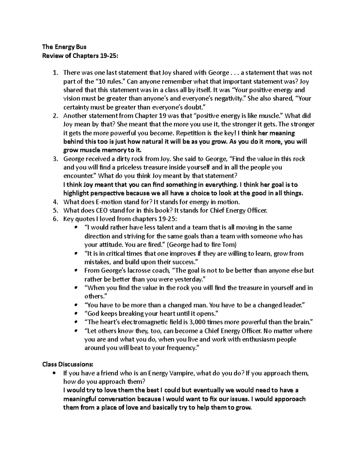 Energy Bus Discussion Chapters 19-25 - The Energy Bus Review of ...