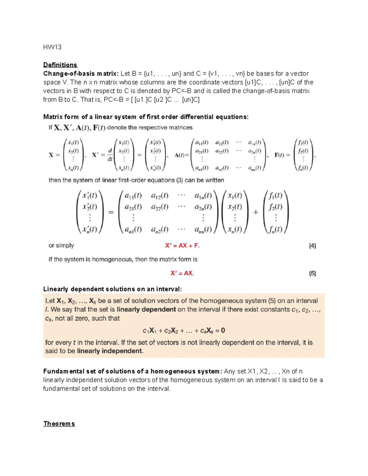Math HW13 definitions and theorems - HW Definitions Change-of-basis ...